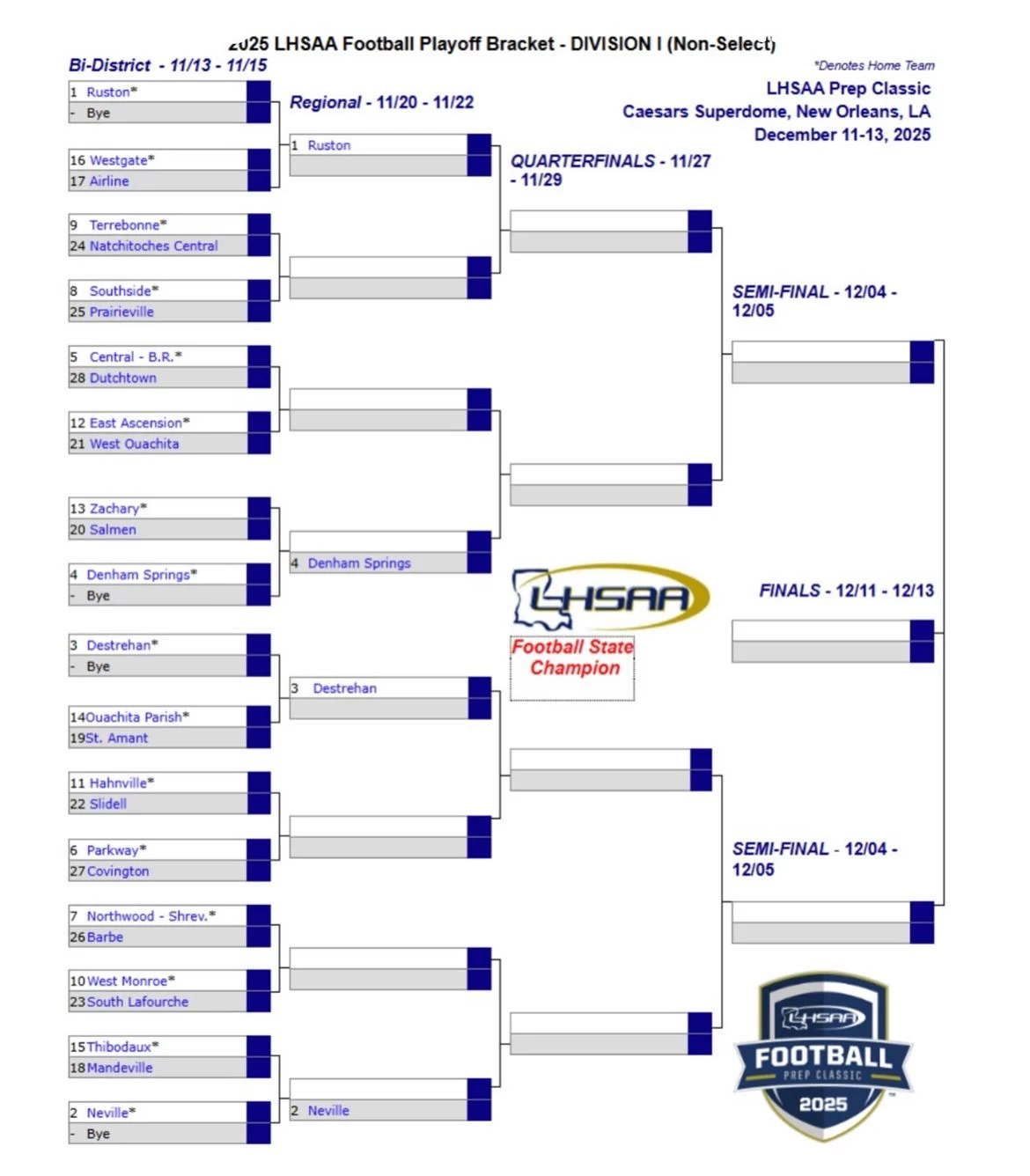2025 LHSAA Football Playoff Brackets Released