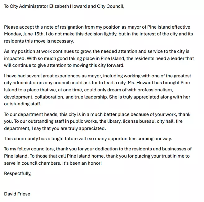 Pine Island Mayor David Friese Resigns Effective Immediately Amid Data ...